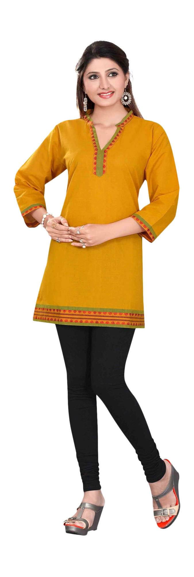 Mustard 3/4 sleeve Indian Cotton Kurti/Tunic with Golden neckline-Large ...