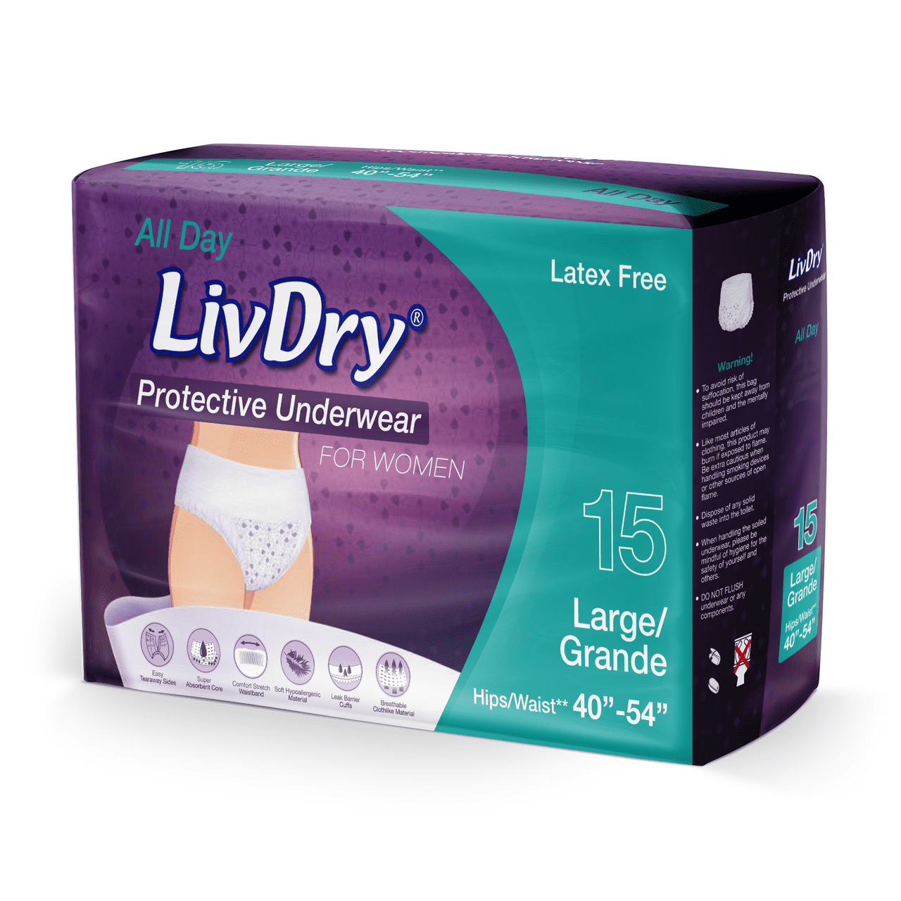 LivDry Womens Adult Incontinence Underwear, Purple Flowers, Super ...