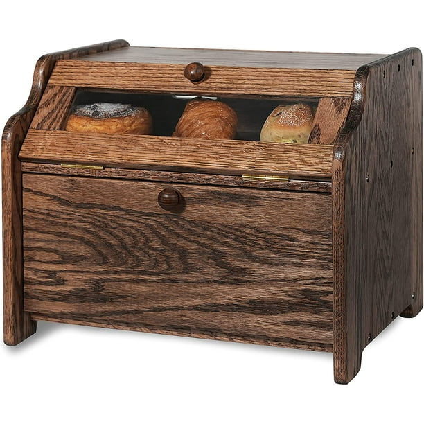 CONSDAN Bread Box, Solid Wood Oak Bread Box with Clear Window, Double ...