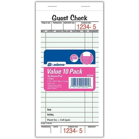 Adams Guest Check Pads, Single Part, 3.4 x 6.75 Inches, White, 50 ...
