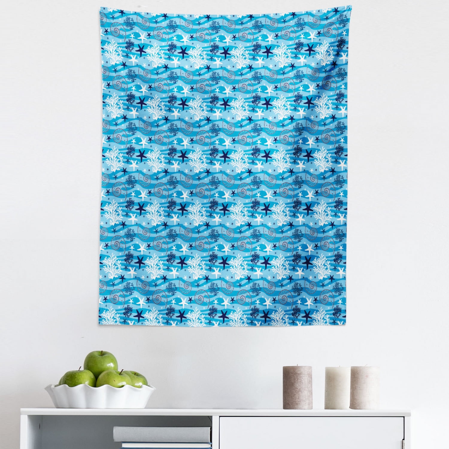 Sea Shells Tapestry, Abstract Horizontal Wavy Lines with Starfish ...