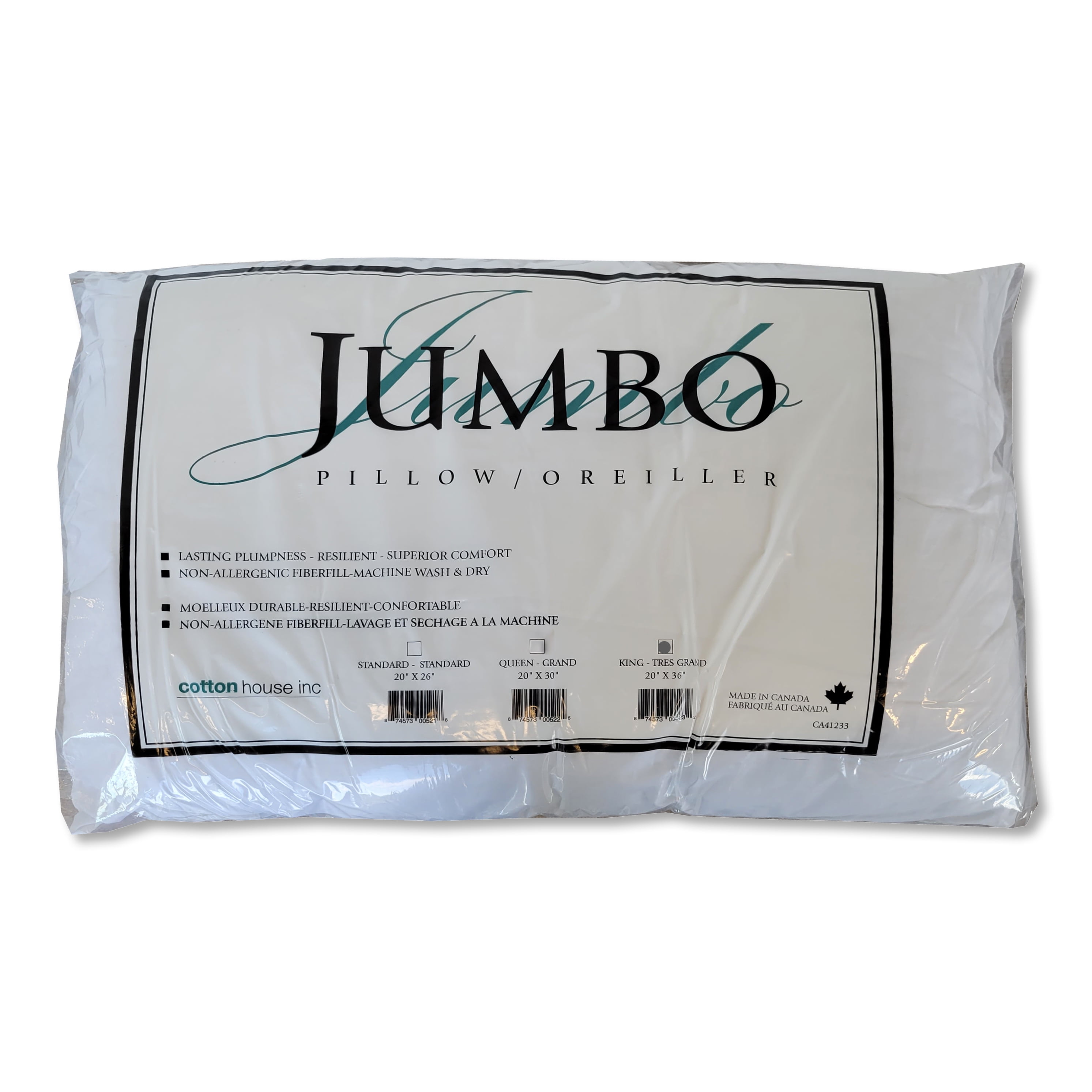 Cotton House - Jumbo Pillow, Hypoallergenic, King Size, Made in Canada ...