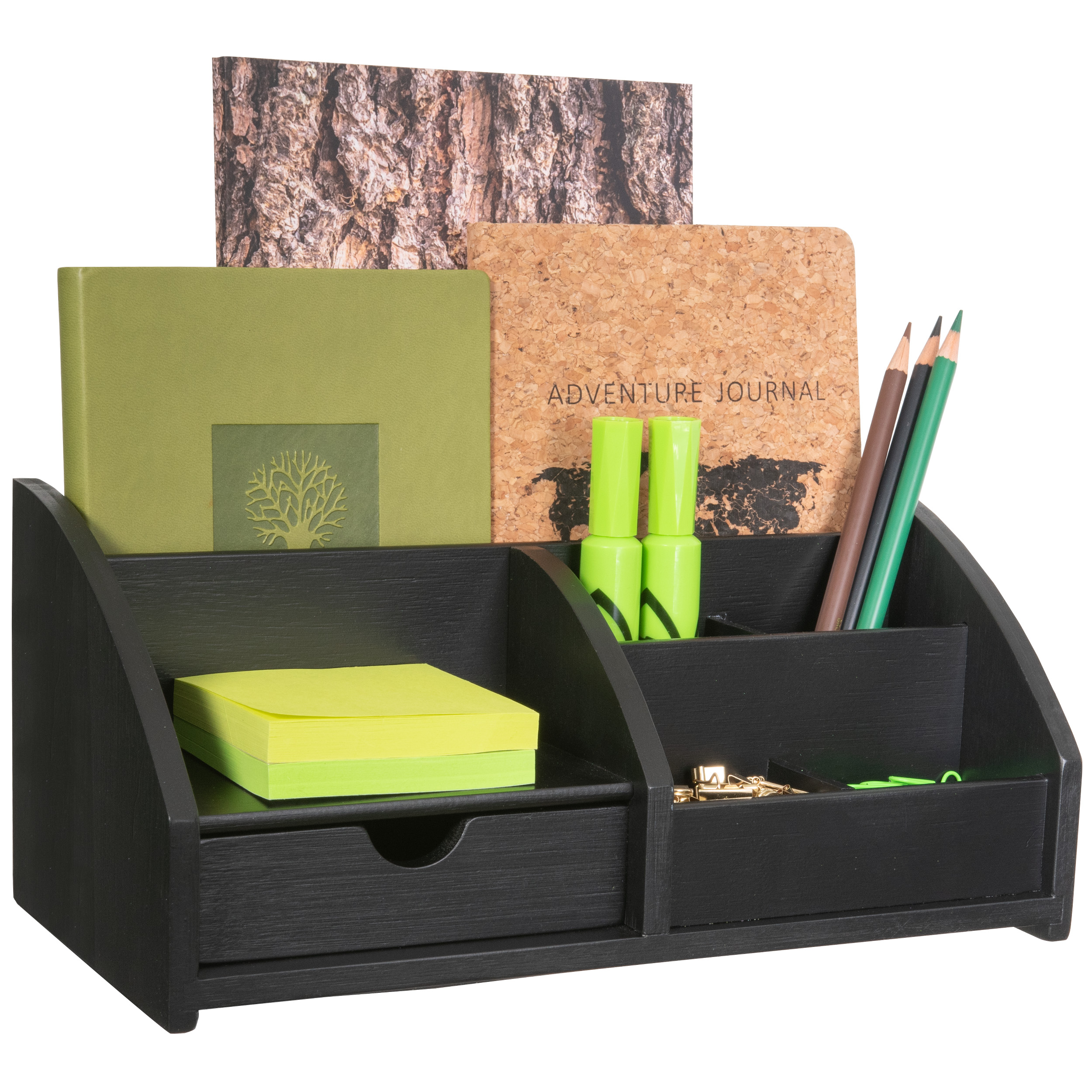 MissionMax Black Bamboo Organizer with Drawer, Compartments & Notebook ...