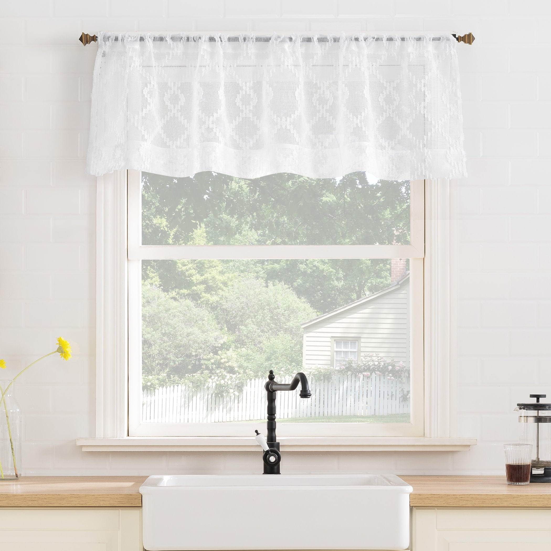No. 918 Tina Geometric Clipped Semi-Sheer Rod Pocket Kitchen Curtains ...