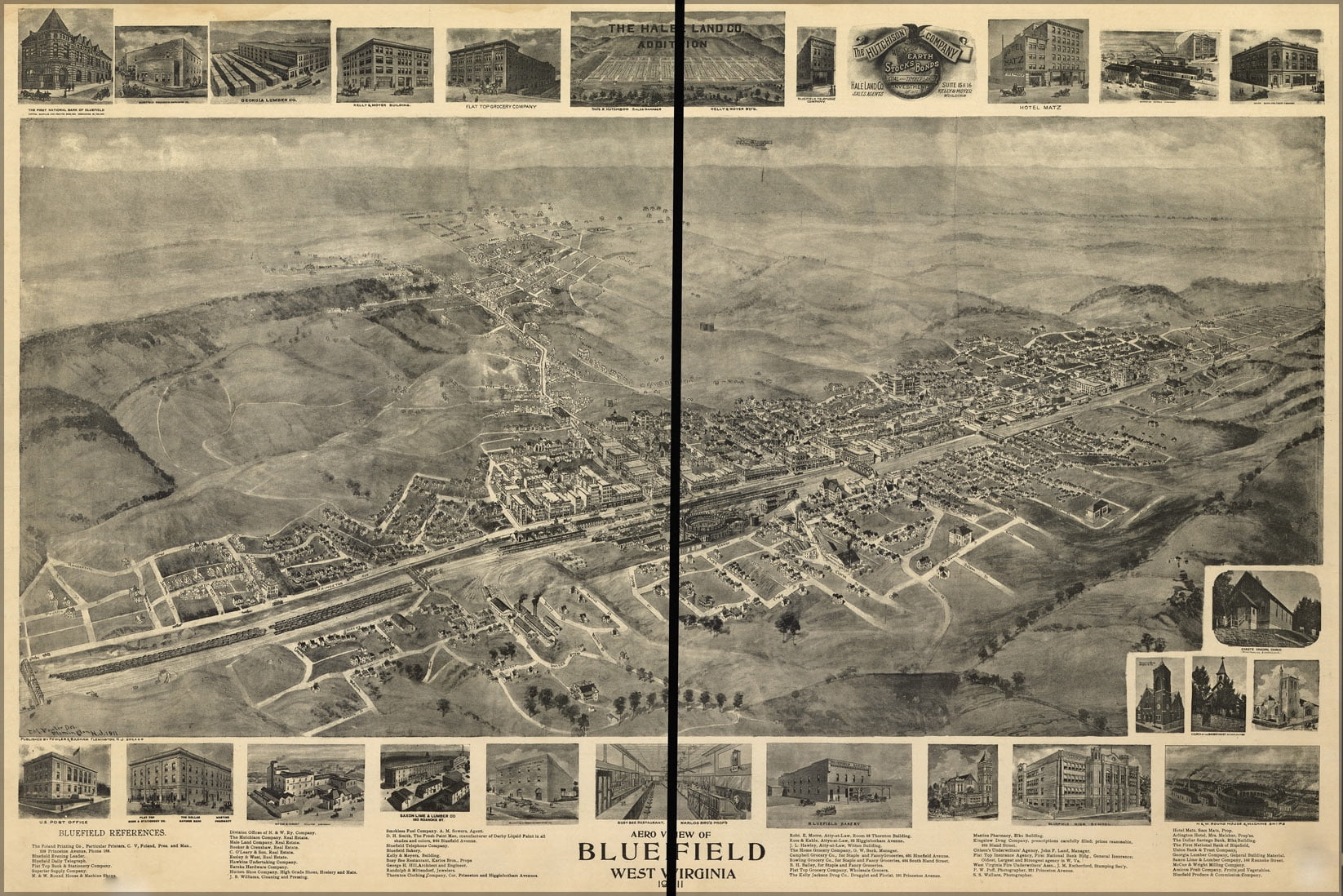 24"x36" Gallery Poster, Aero view map of Bluefield, West Virginia 1911 ...