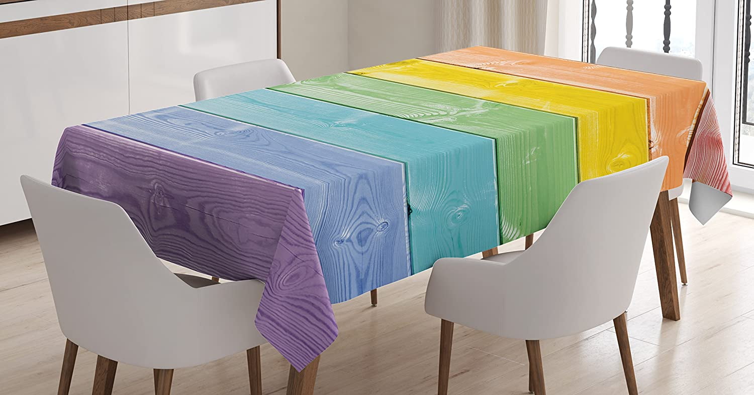 Pastel Tablecloth, Wooden Planks in Rainbow Colors Rural Rustic Home ...