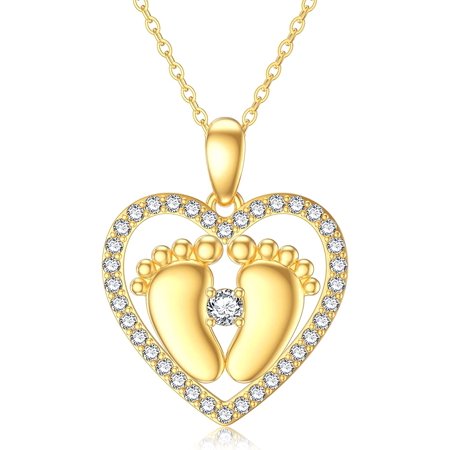 14K Gold Baby Feet Necklaces for Mom Daughter Heart Pendant Baby ...