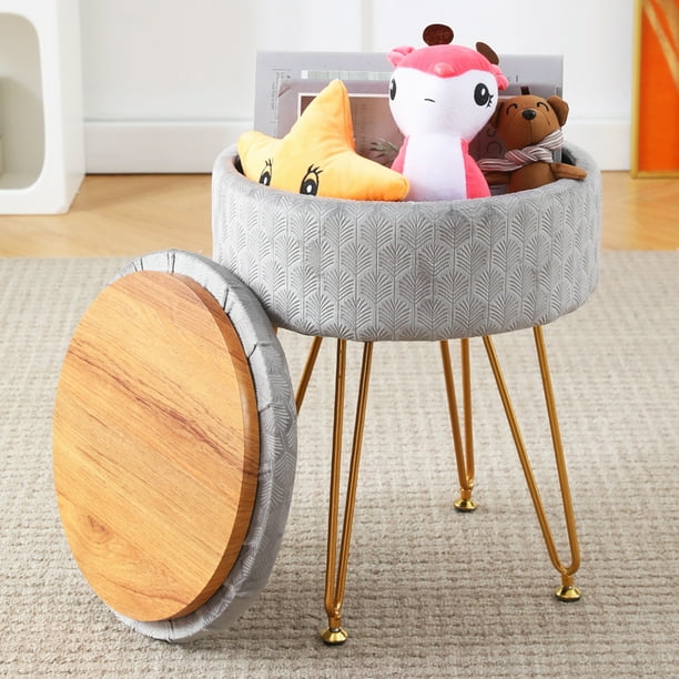 Home Round Velvet Storage Ottoman & Tray Top Coffee Table, Foot Rest ...