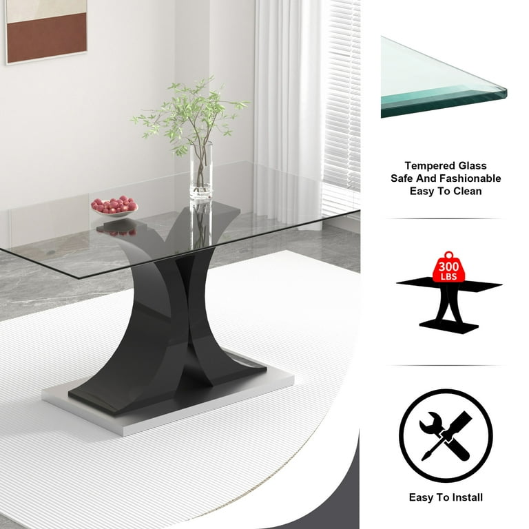 Sumdeal 63 rectangle Modern Glass Top Dining Room Table Sets for 4 Glass Dining Table with 4 PU leather C Shape Chairs with Handle 1 Black Base