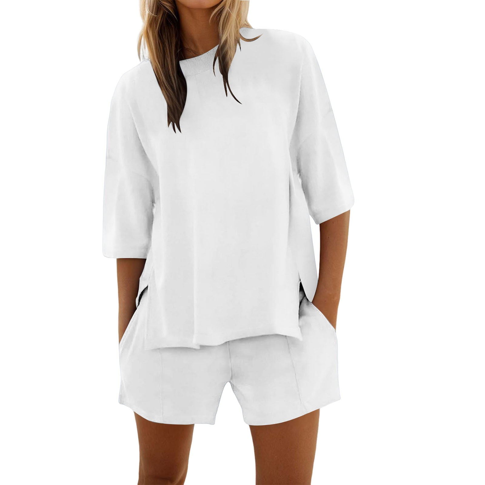 Womens Shorts Sets 2 Piece Outfits Summer 2025 Half Sleeve Crew Neck