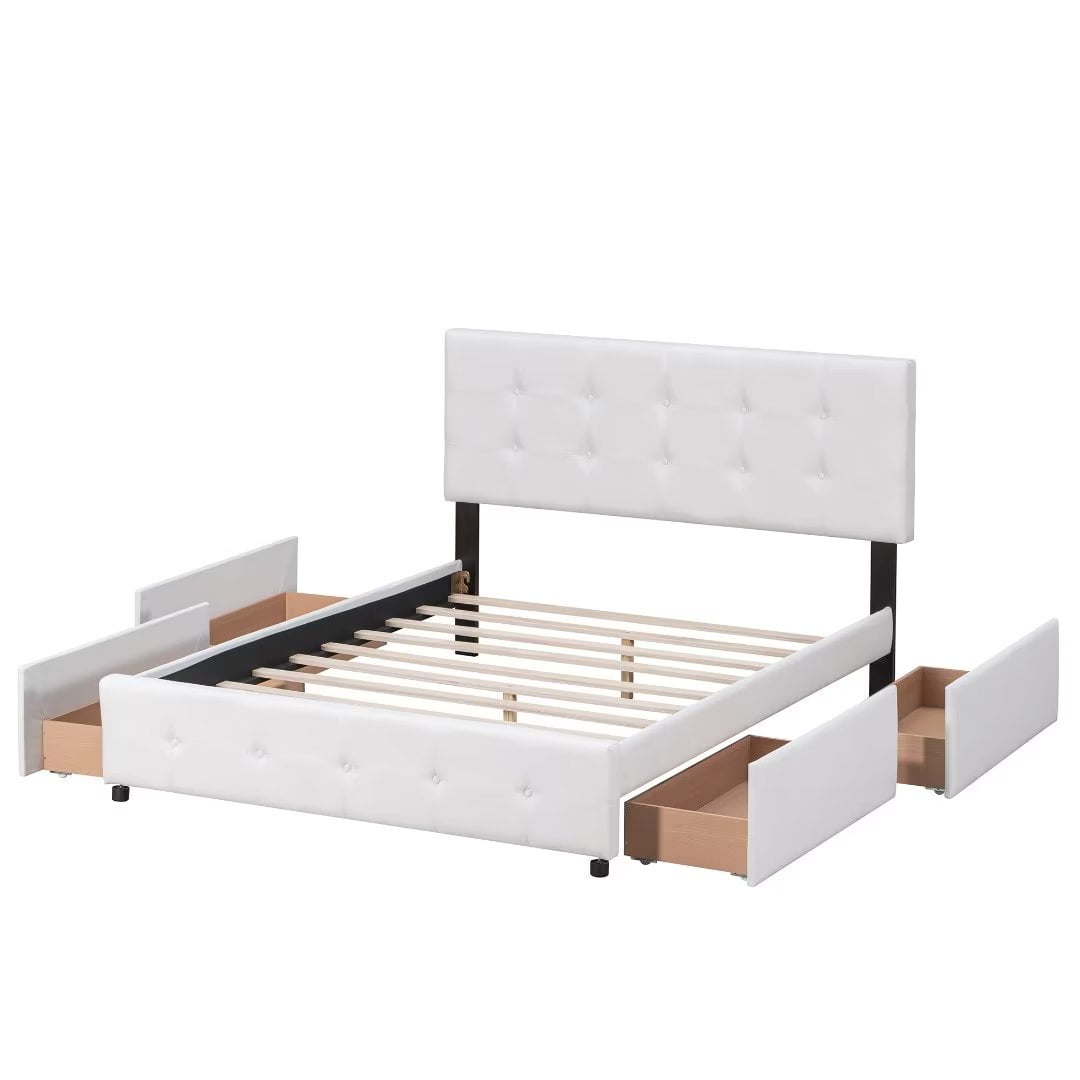 Queen Size Linen Upholstered Platform Bed with 4 Storage Drawers ...