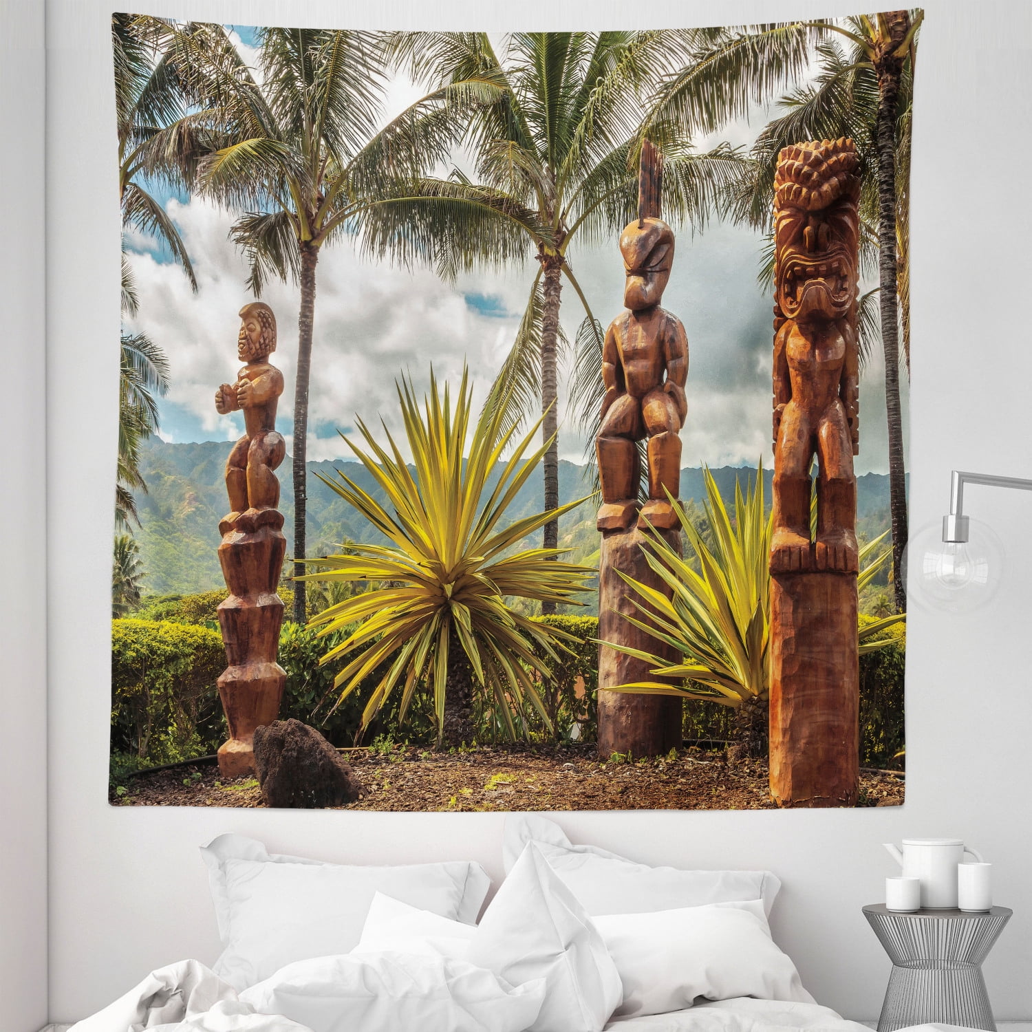 Hawaii Tapestry, Tiki Sculptures and Palm Trees Tropical Island Ocean ...