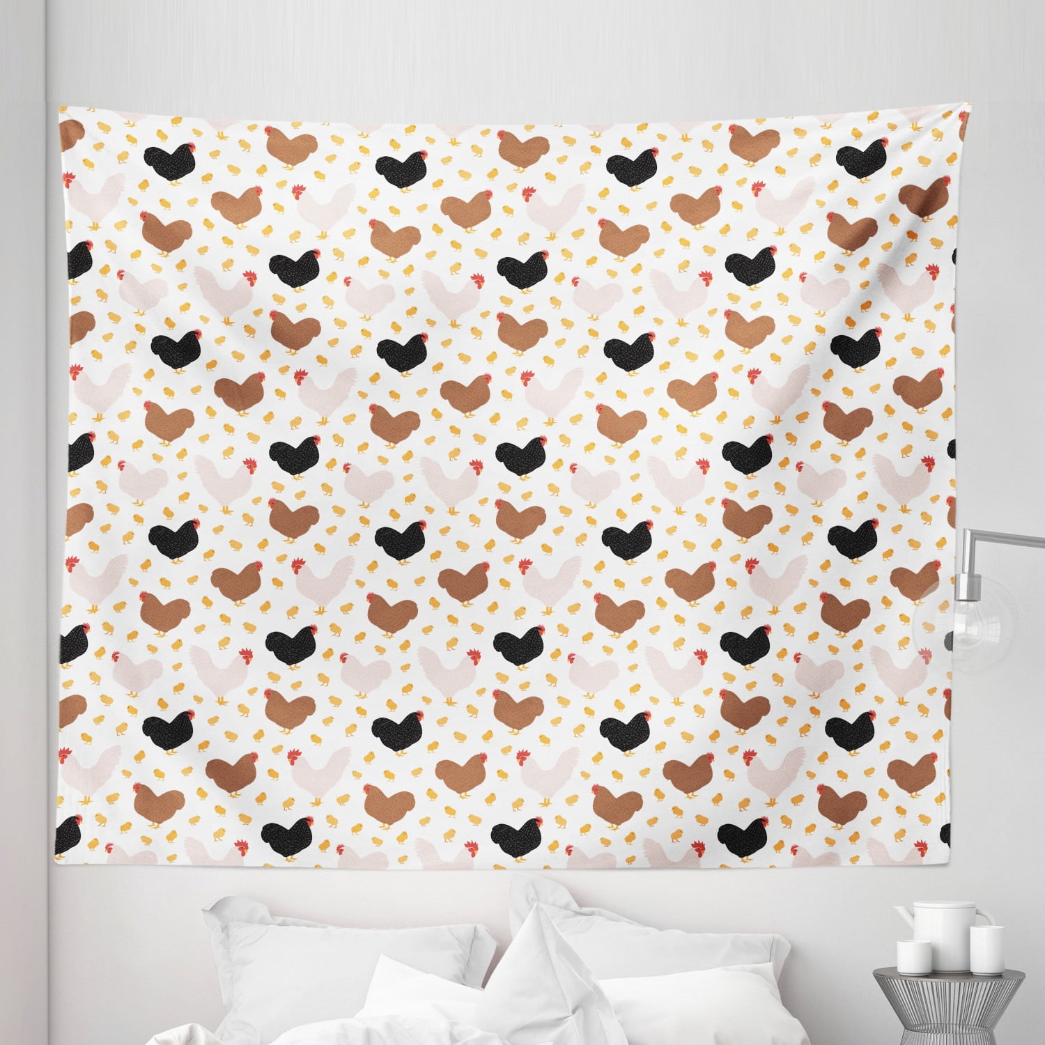 Hen and Chicks Tapestry, Farm Themed Continuous Pattern with Cartoon ...