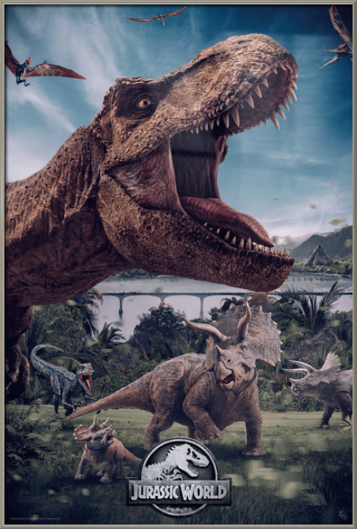 Jurassic World - Framed Movie Poster (Dinosaurs - T-Rex Velociraptor ...