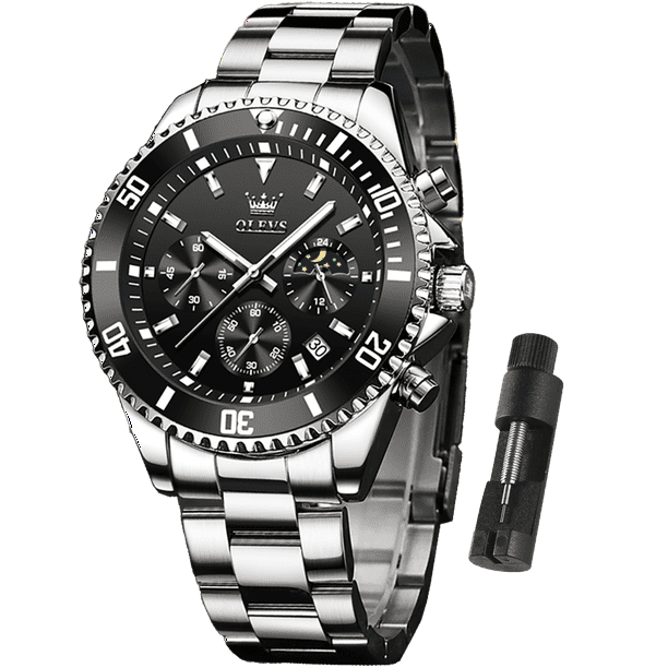 OLEVS Watch for Men Silver Watches for Men Black Dial Silver Stainless ...