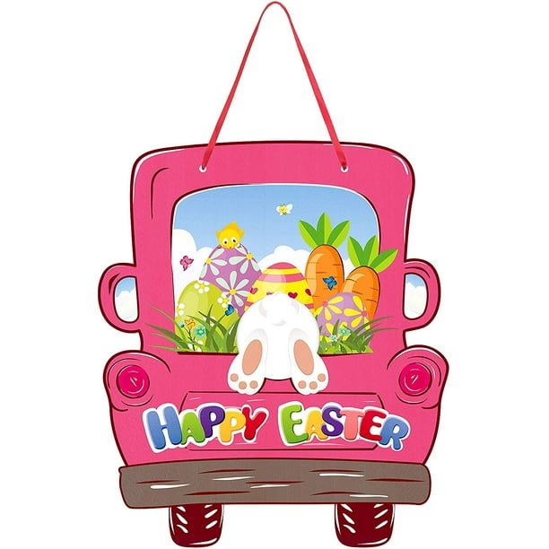 Happy Easter Hanging Door Sign Wooden Bunny Door Decor Farmhouse Rabbit ...