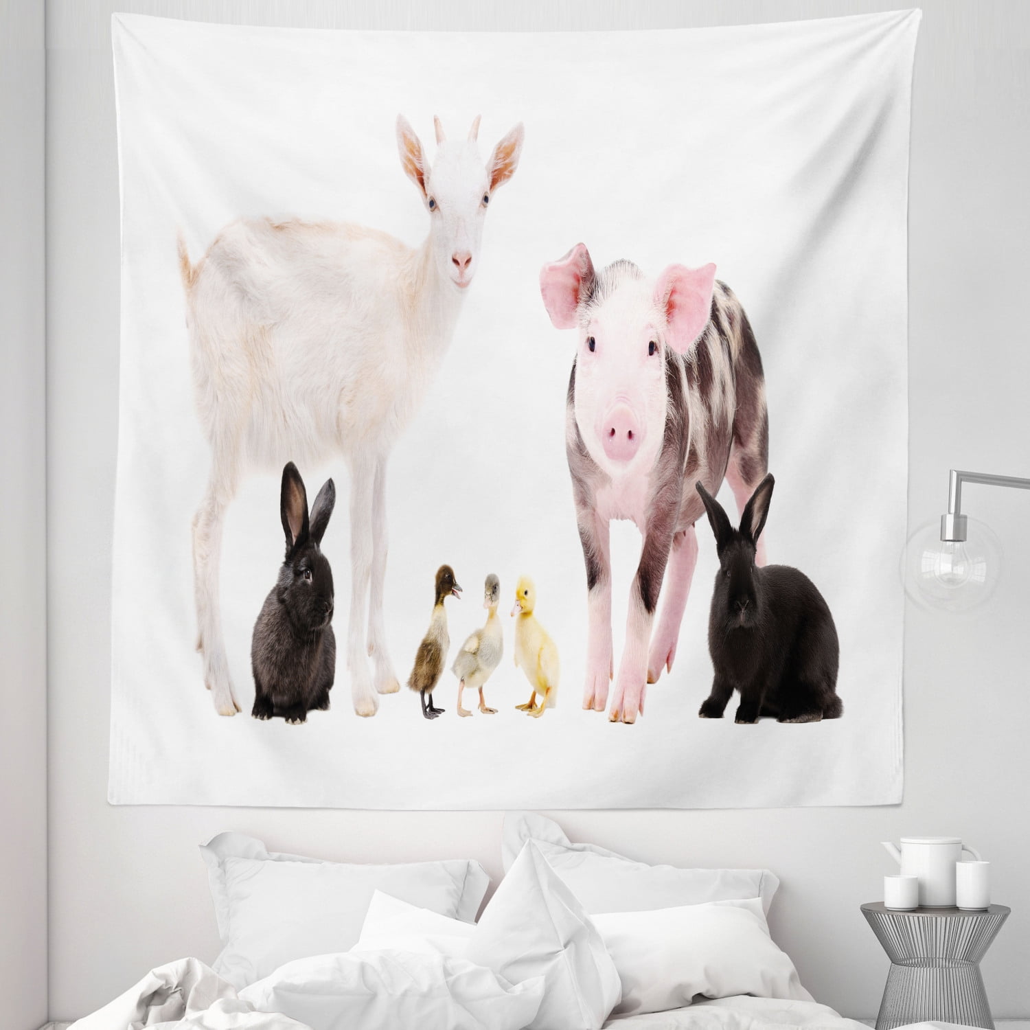 Farm Animal Tapestry, Studio Shot of Domestic Creatures Ducks Pig Goat ...