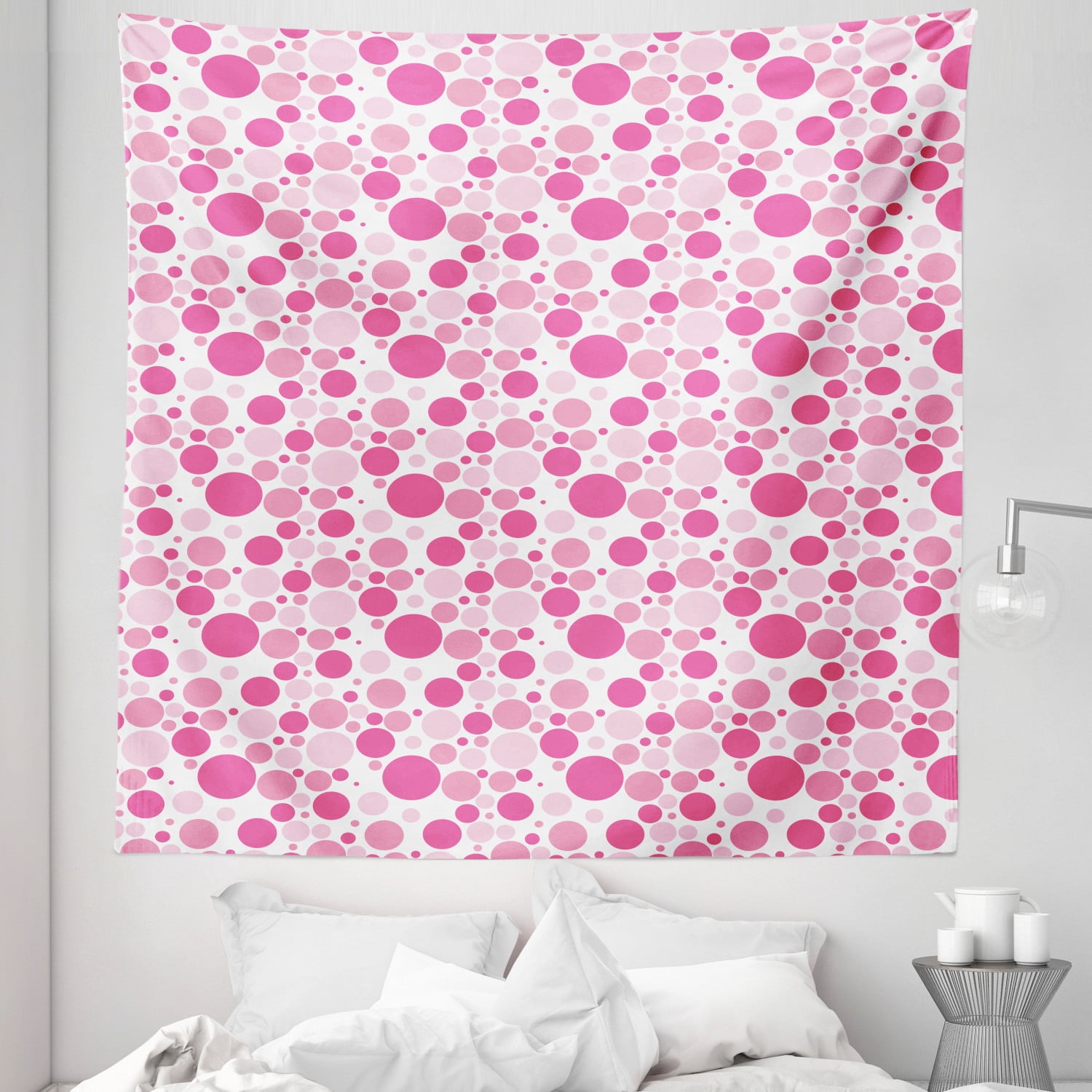 Pink Polka Dots Tapestry, Monotone Print of Circles in Different Sizes ...
