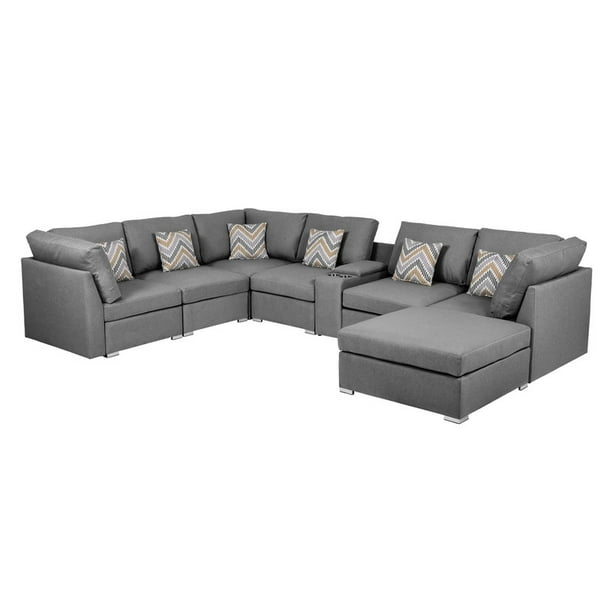 Amira Gray Fabric Reversible Modular Sectional Sofa with USB Console ...