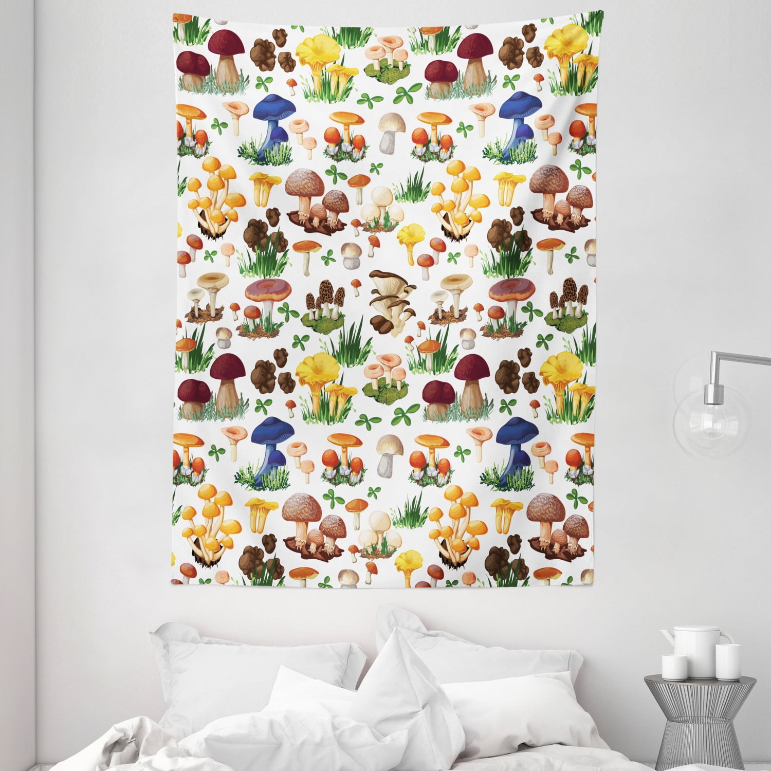 Mushroom Decor Wall Hanging Tapestry, Pattern with Types of Mushrooms ...