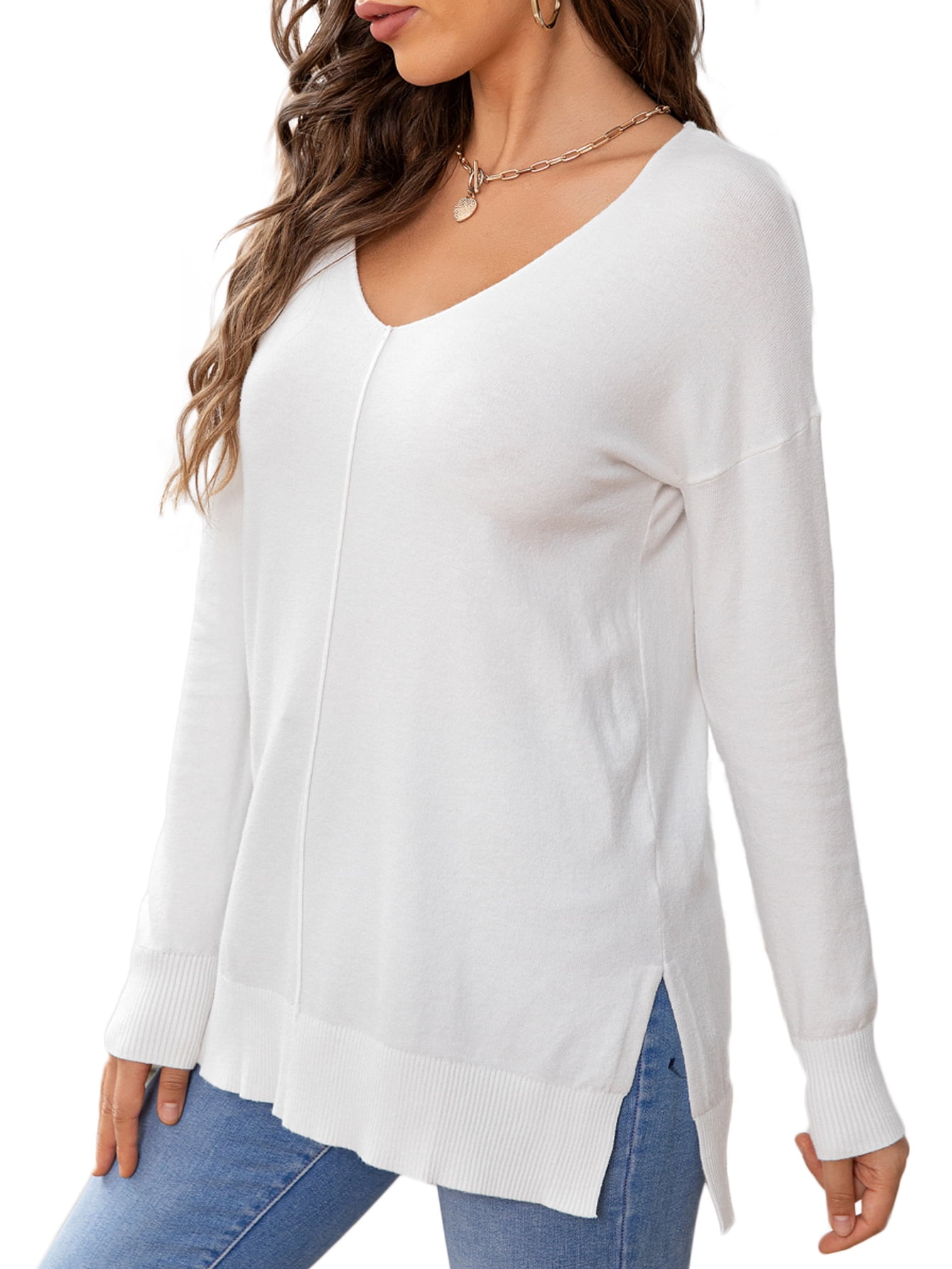 CALIPESSA Womens White Knit Long Sleeve Soft V Neck Solid Side Split Sweater Pullovers - Walmart.com