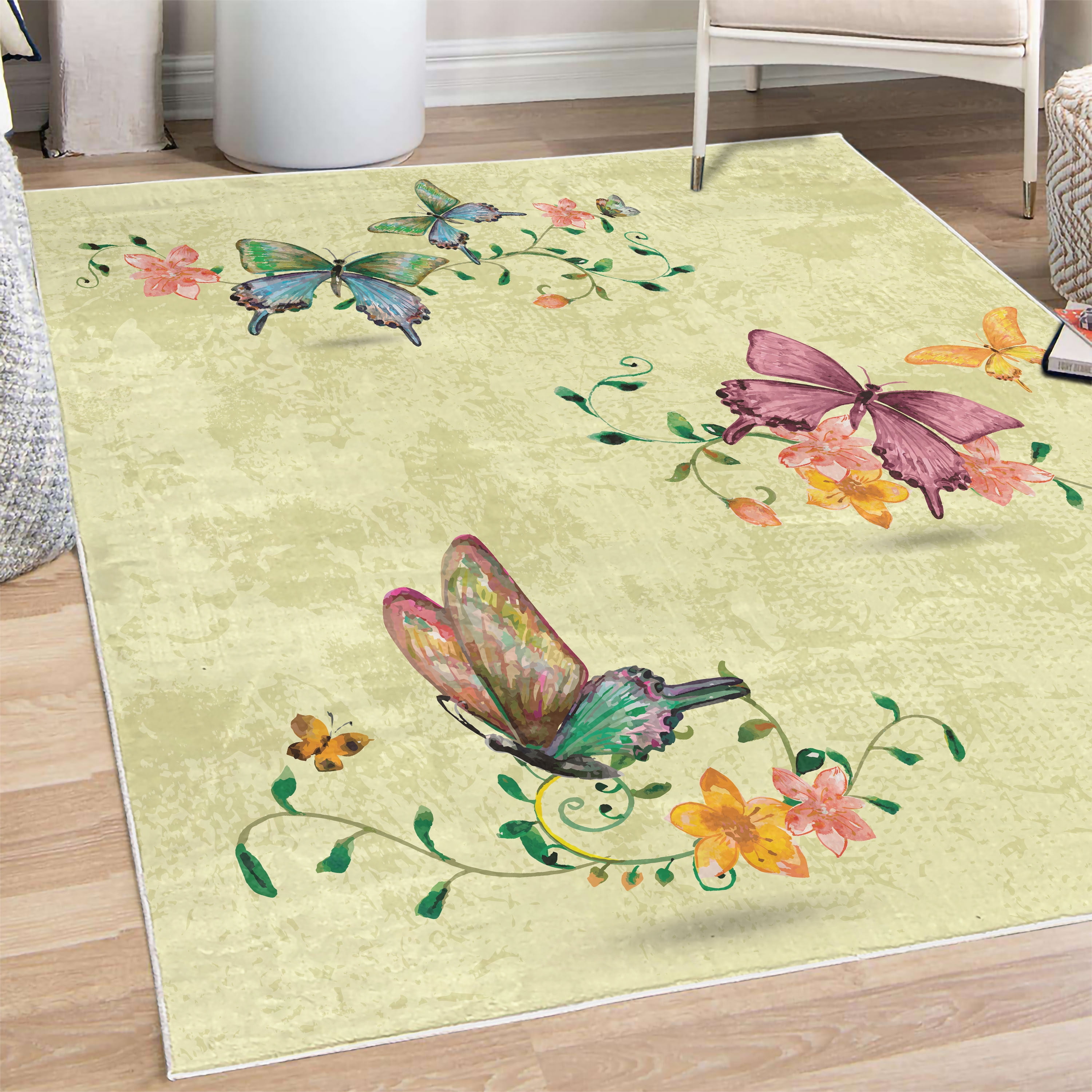 Butterfly Decorative Rug, Springtime Flying Moths on Vintage Style ...
