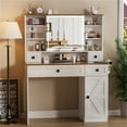 PAKASEPT Farmhouse Vanity Desk with Sliding Mirror and Lights, Glass ...