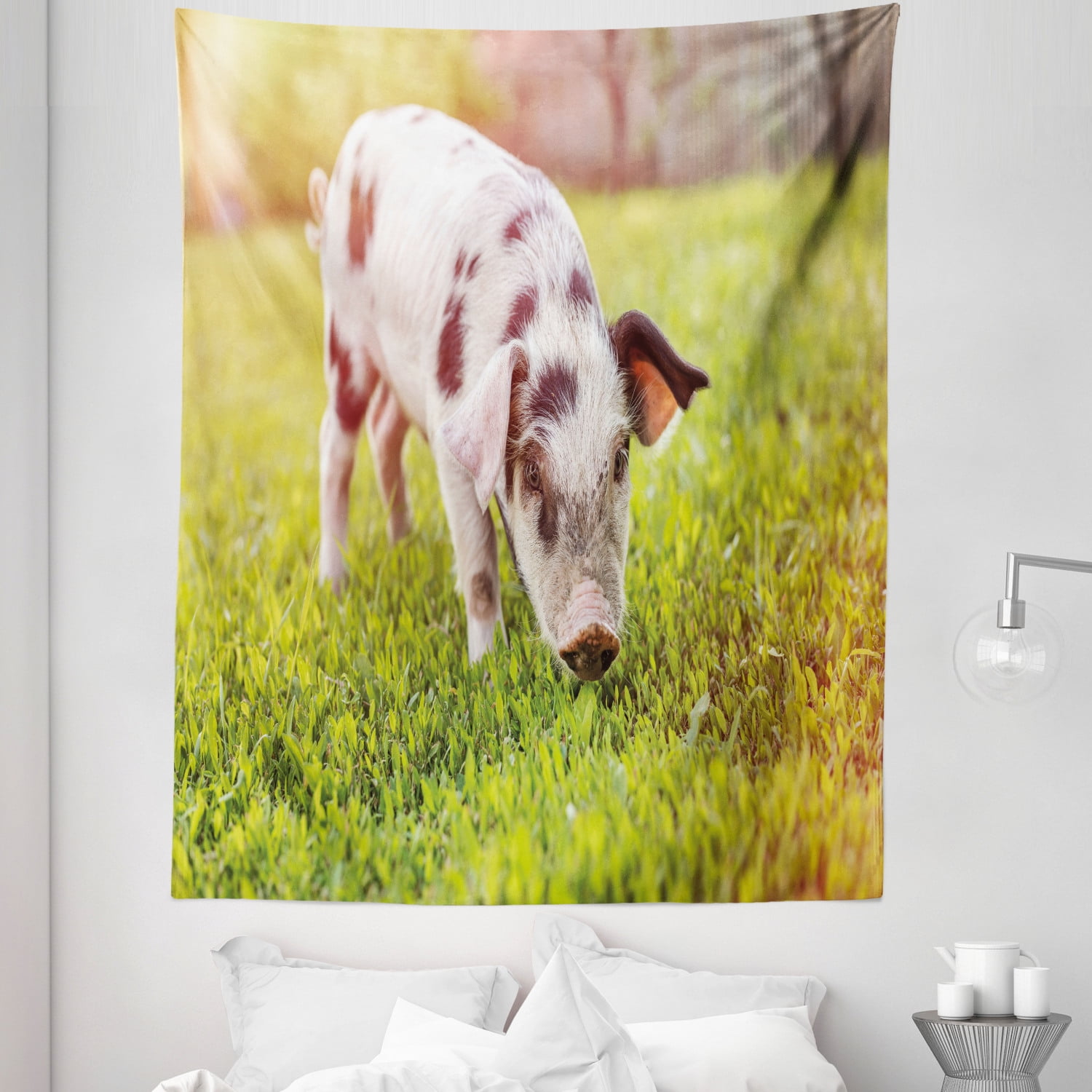 Farm Animal Tapestry, Photo of Little Pig with Spots Walking on Grass ...
