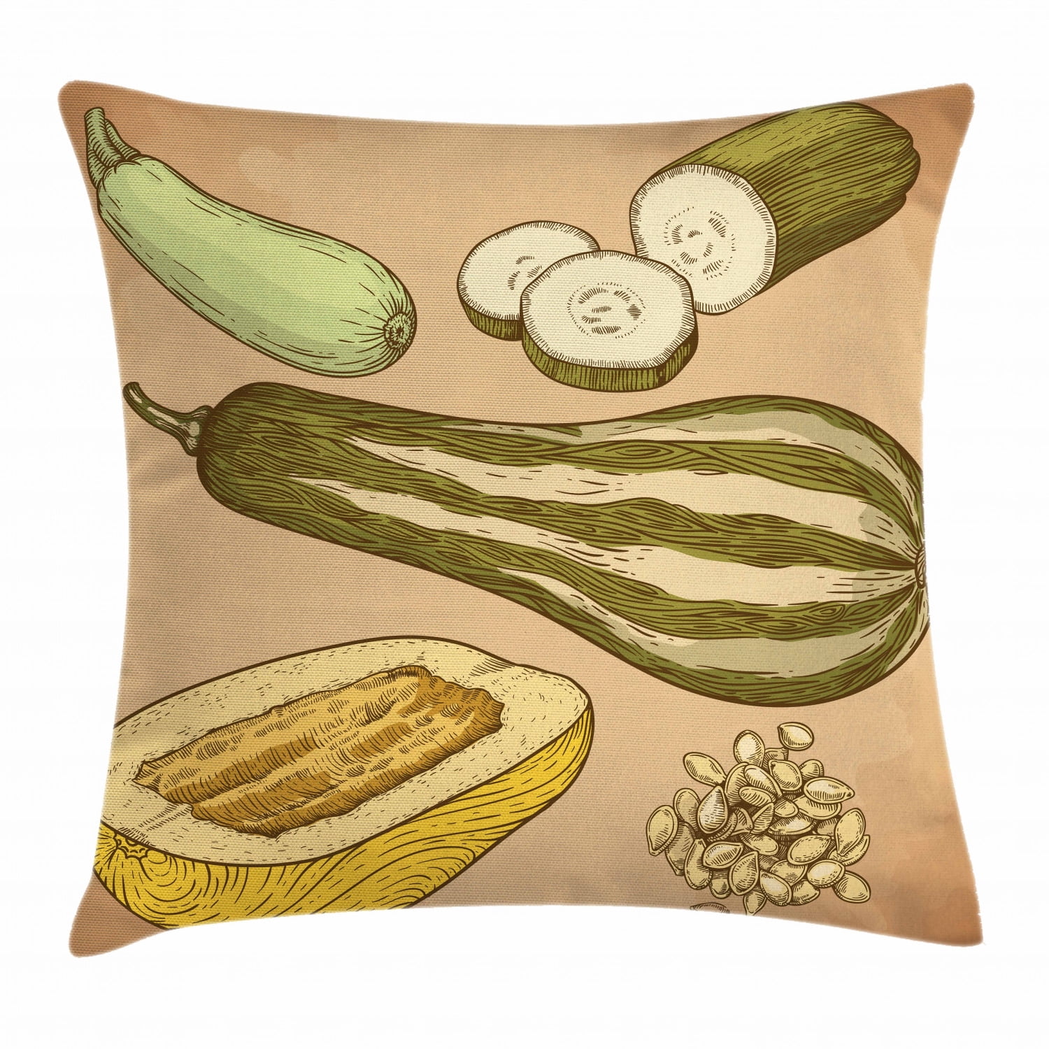 Vegetable Art Throw Pillow Cushion Cover, Retro Recipe Squash Zucchini ...