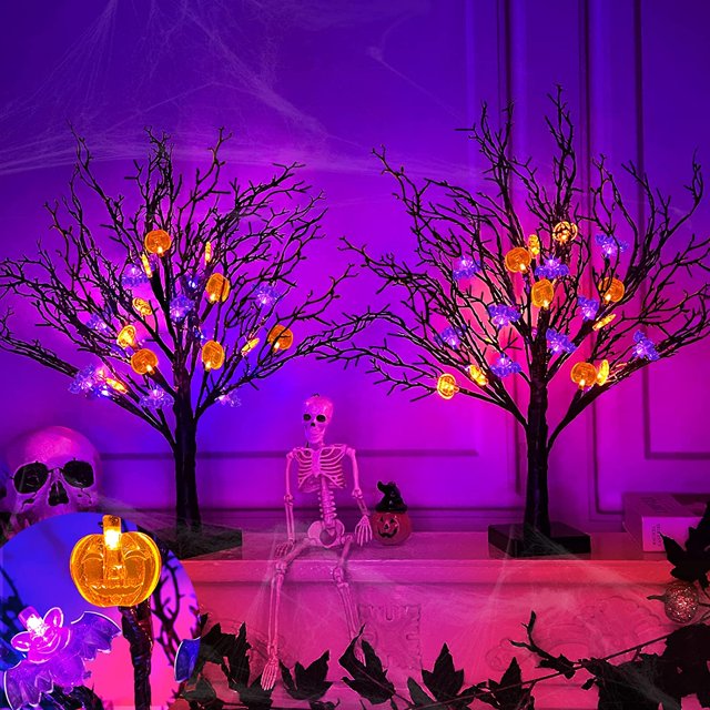 2 Pack 24" Orange Purple Halloween Lighted Tree Decorations with Timer ...