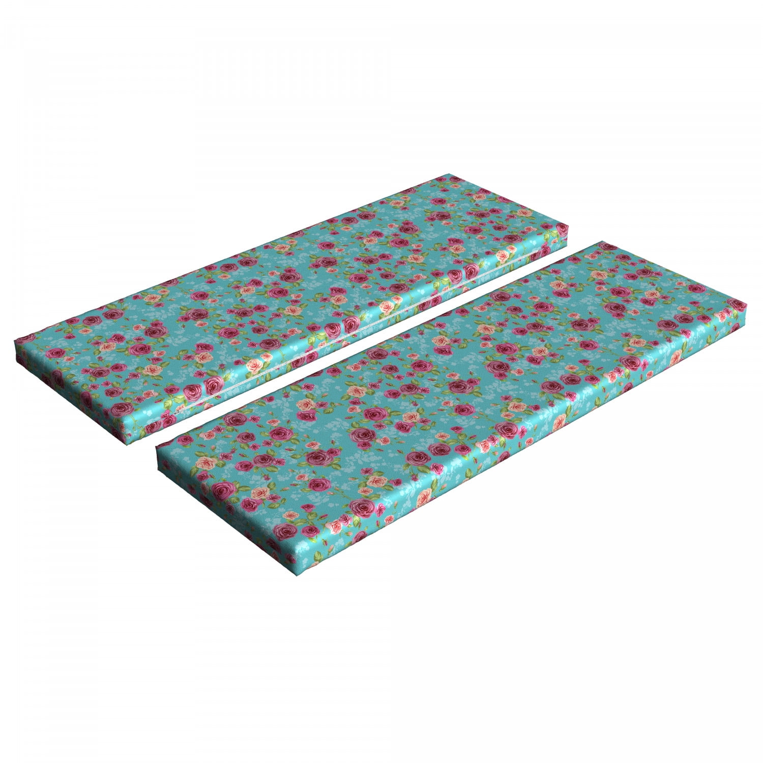 Garden Bench Cushion Set of 2, Romantic Rose Bouquet Pattern on Blue ...