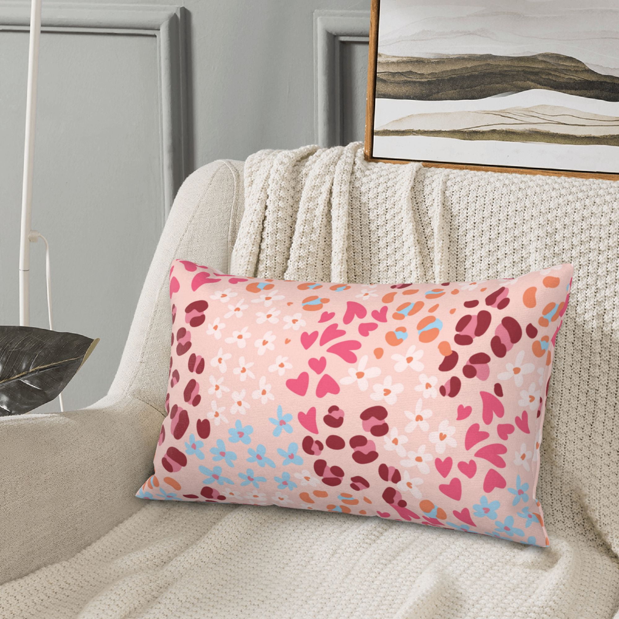 ZNDUO Rectangular Plush Cushion Cover, Cute Pink Flowers Hearts Pattern ...