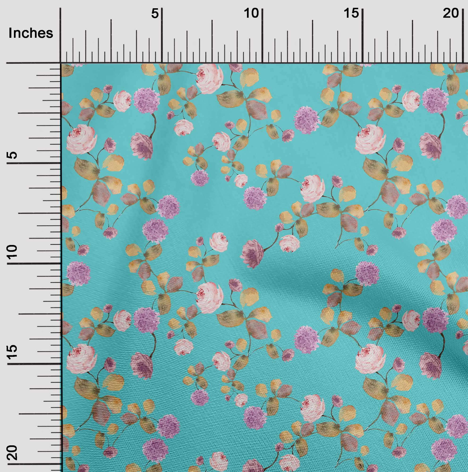 oneOone Silk Tabby Turquoise Blue Fabric Flower & Leaves Watercolor ...