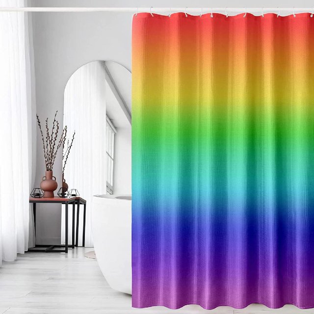 Colorful Rainbow Shower Curtain Waffle Weave Fabric Ombre Bathroom