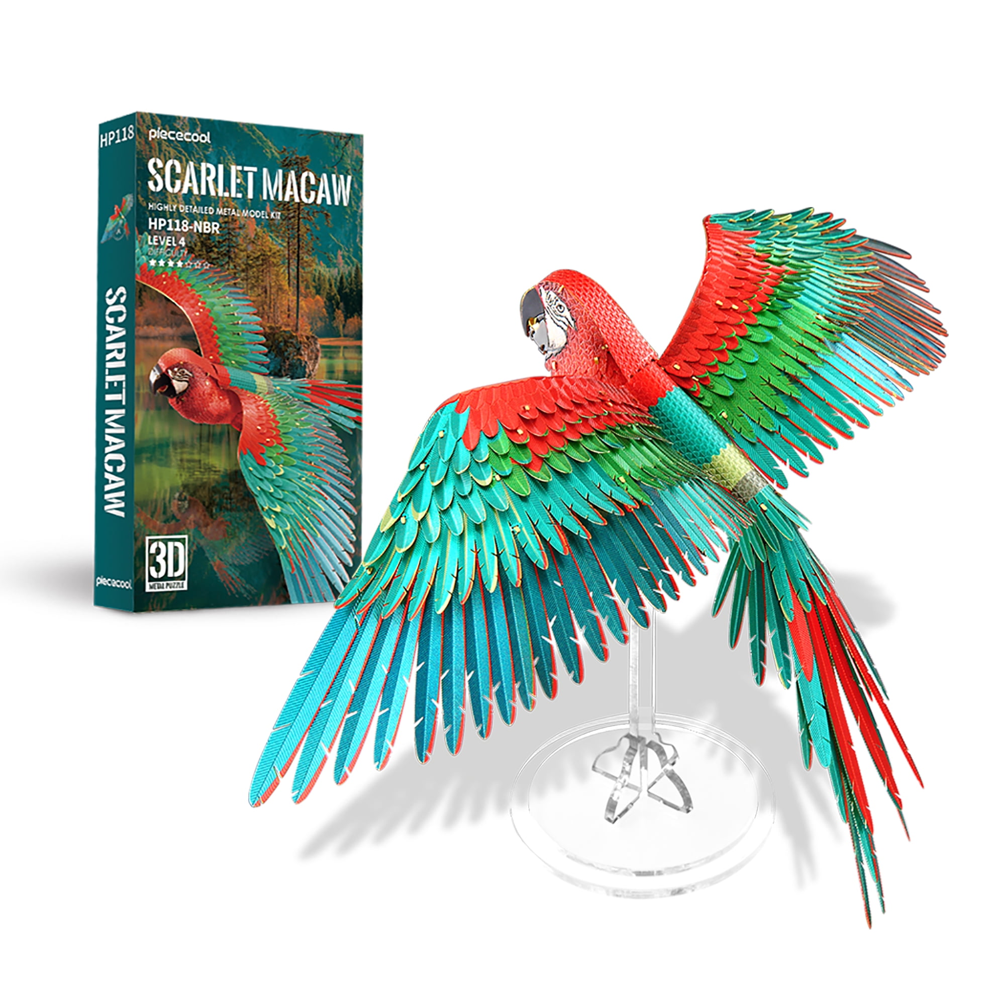 Piececool 3D Metal Puzzles Scarlet Macaw with Acrylic Stand Model Kits ...