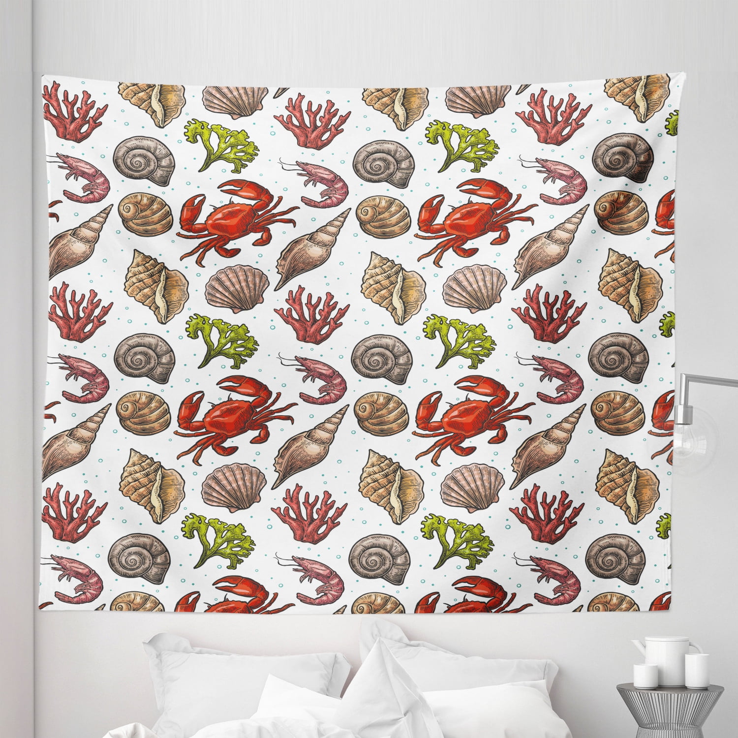 Sea Shells Tapestry, Maritime Pattern Shrimp Crab and Coral Design ...
