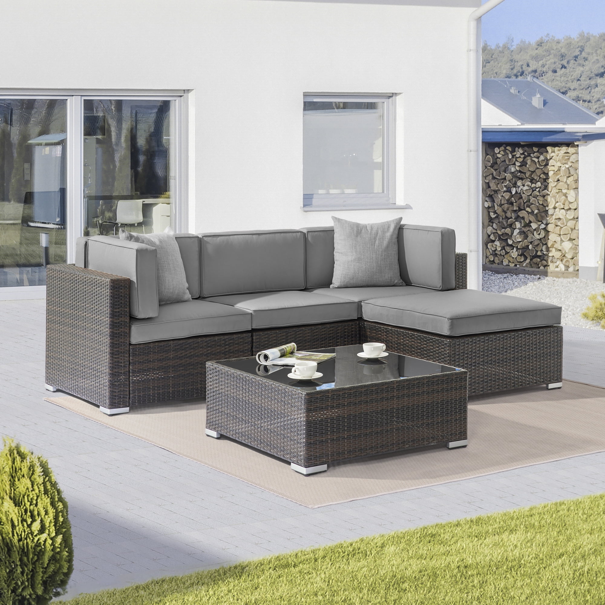 ACEGOSES Patio Rattan Furniture Set,5-Piece Outdoor Sectional Furniture ...