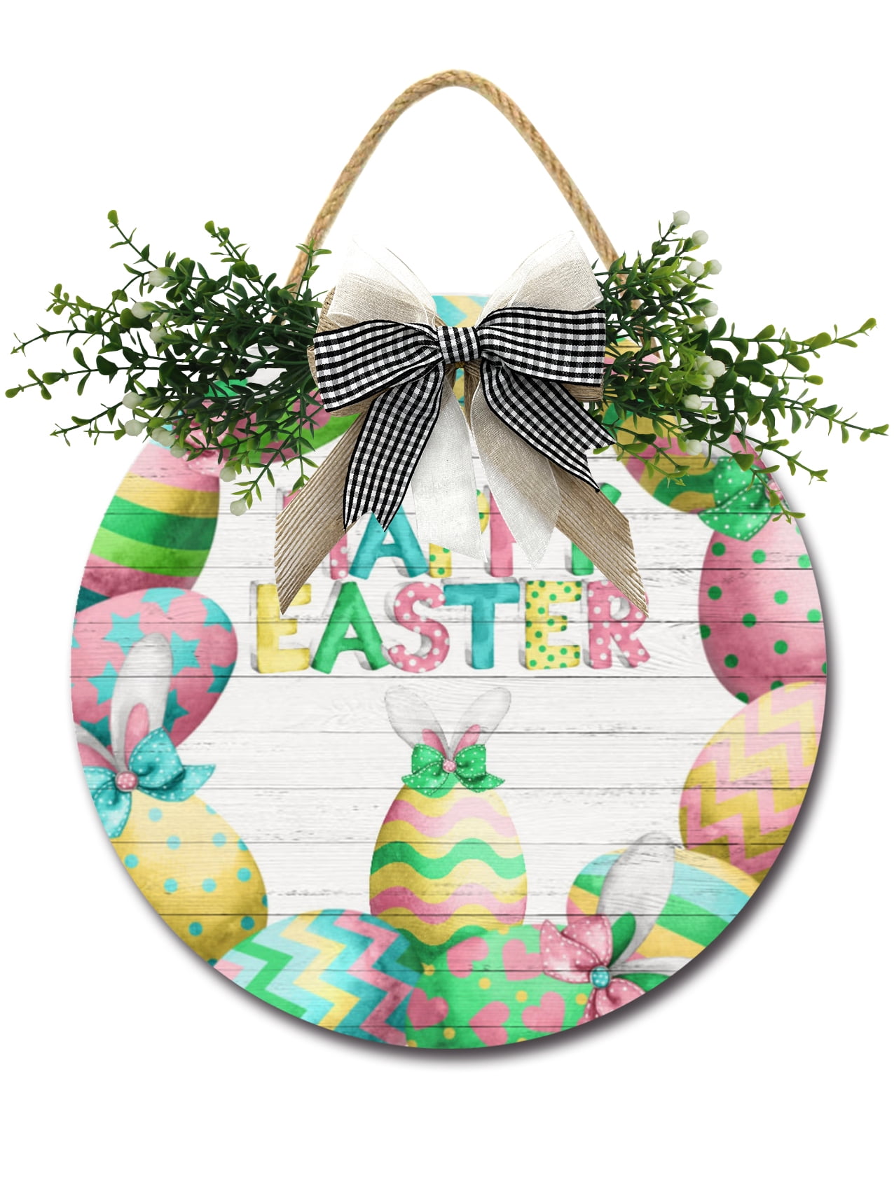 Happy Easter Door Sign Home Decor Round Wood Wreaths Wall Hanging Sign ...