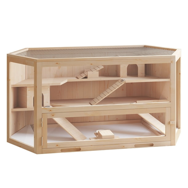 Pawhut Compatible Wooden 3-Tier Hamster Cage Hutch Box with Seesaw ...