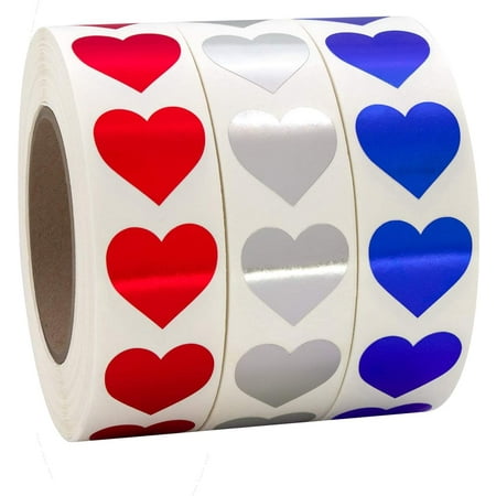 Metallic Red, Silver, Blue Heart Shaped Sticker Labels, 3/4" Diameter ...
