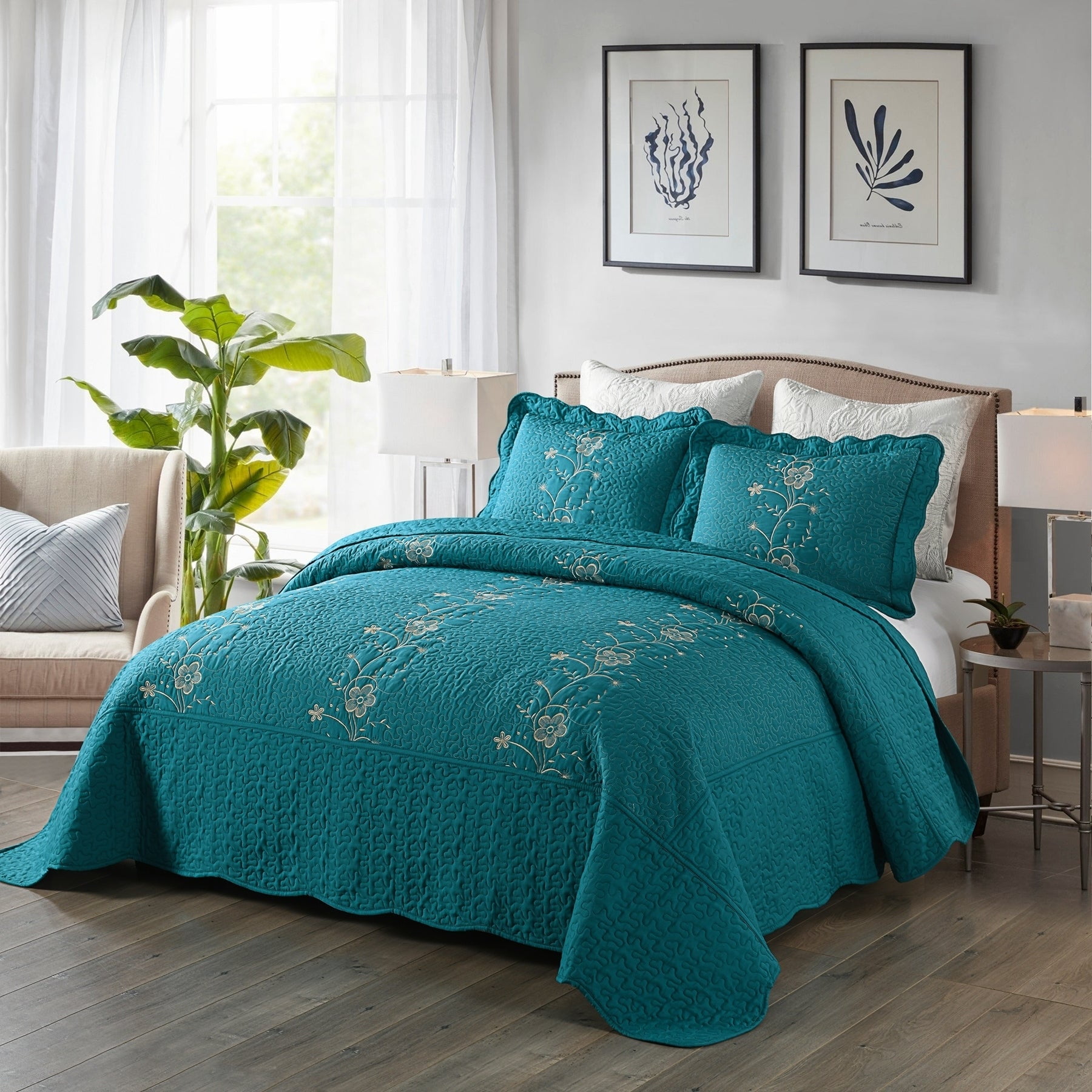 Embroidered Cotton Quilt Set Teal Queen - Walmart.com