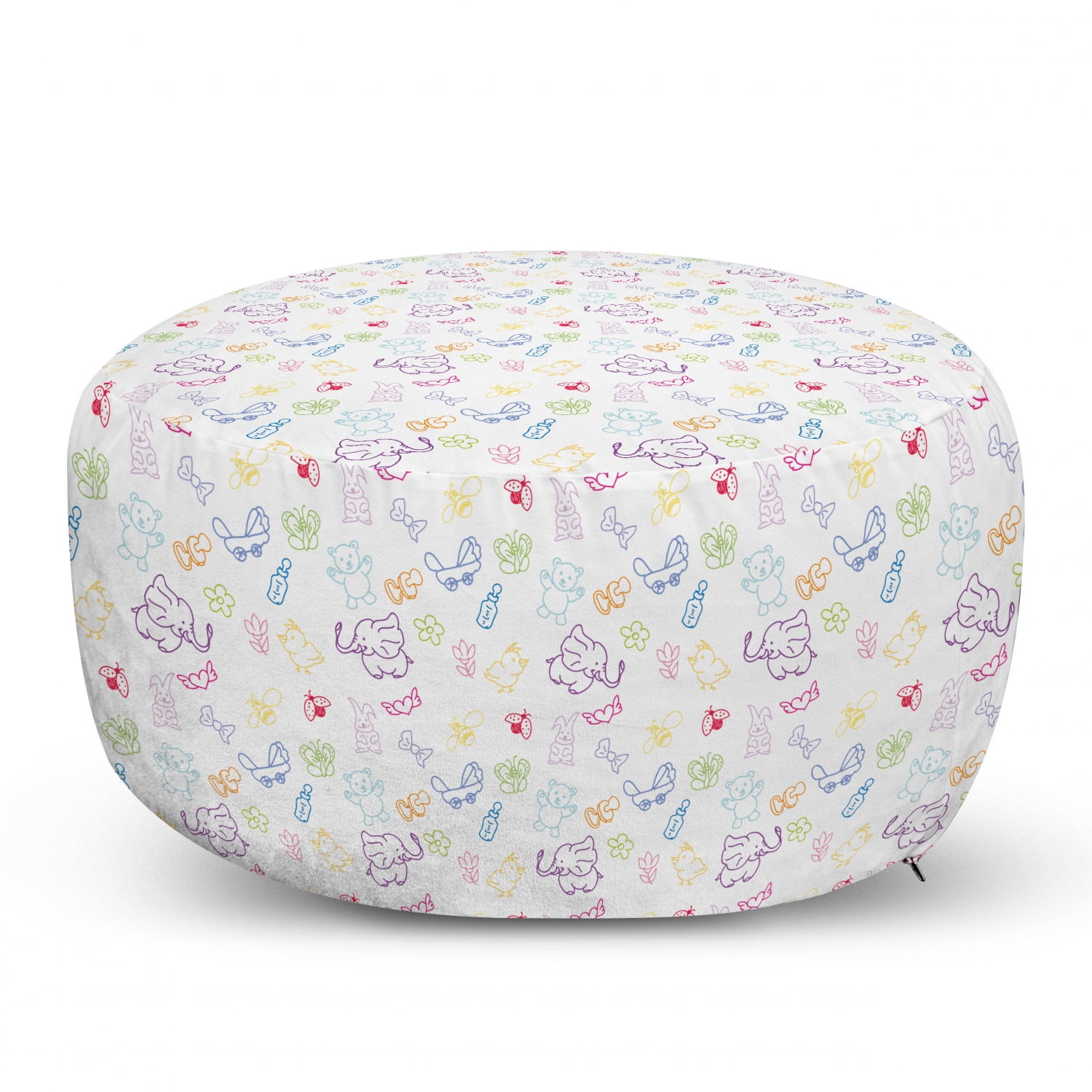 Cartoon Pouf Cover with Zipper, Drawing Style Elephants Teddy Bears ...