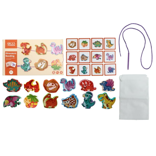 Wooden Stringing Beads Toys Dinosaur Fruit Pattern DIY Educational ...