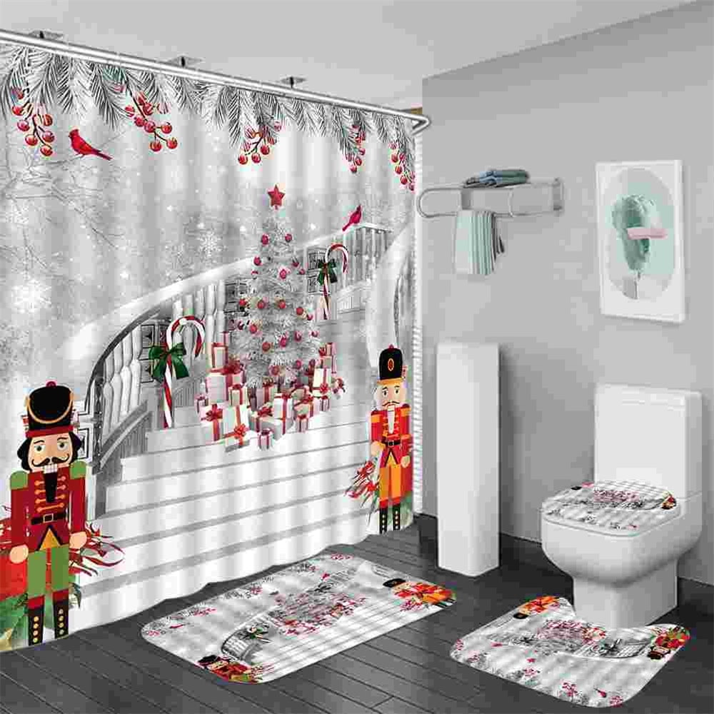 Merry Christmas Shower Curtain Set Of 4 With Non-Slip Rug, Toilet Cover ...