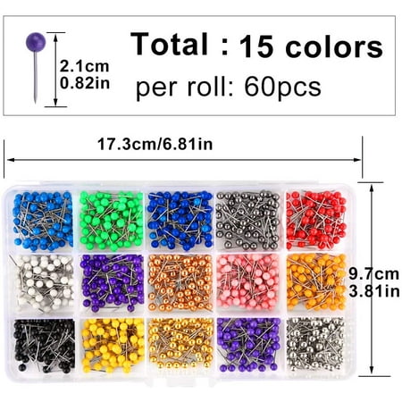 900 PCS Map Tacks Push Pins, Round Head Tacks, Steel Point, 15 Assorted ...