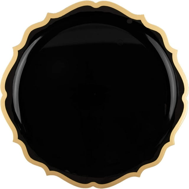 (40 PACK) EcoQuality 7.5" inch Round Black Plastic Plates with Gold Rim ...
