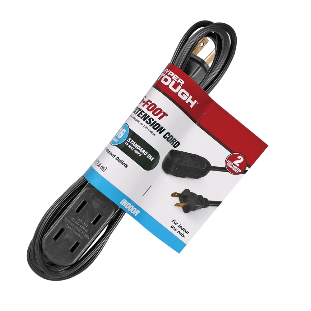 Hyper Tough 6FT 16AWG 2 Prong Black Indoor Household Extension Cord ...