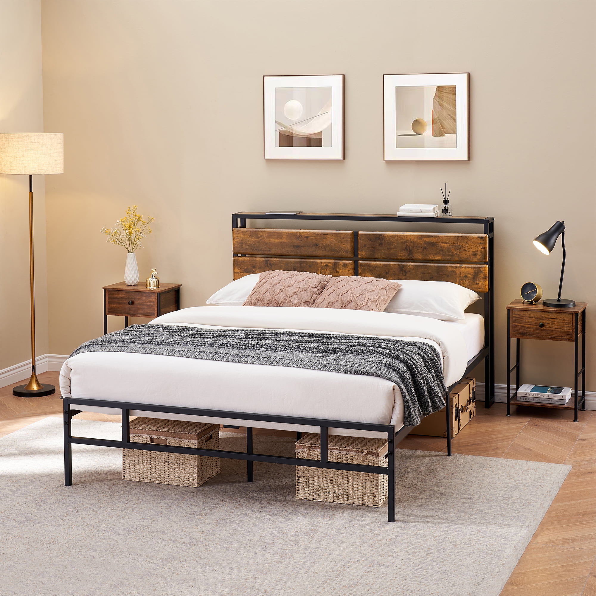 FULL Bed Frame with Storage headboard Metal Platform Bed Frame Wood ...