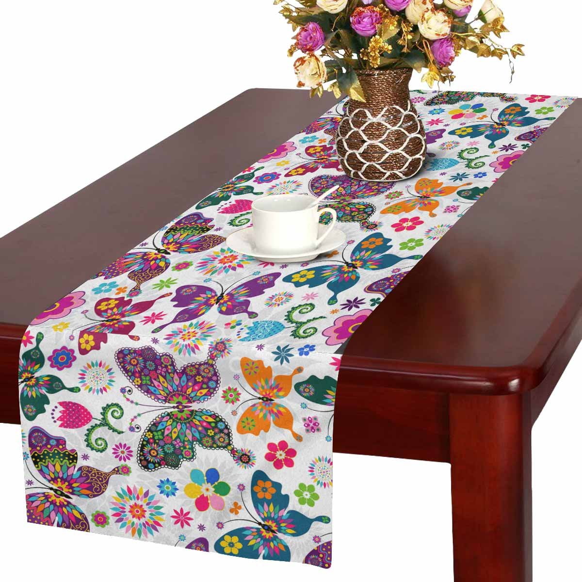 MKHERT Cartoon Butterfly Table Runner, Colorful Floral Table Cloth ...