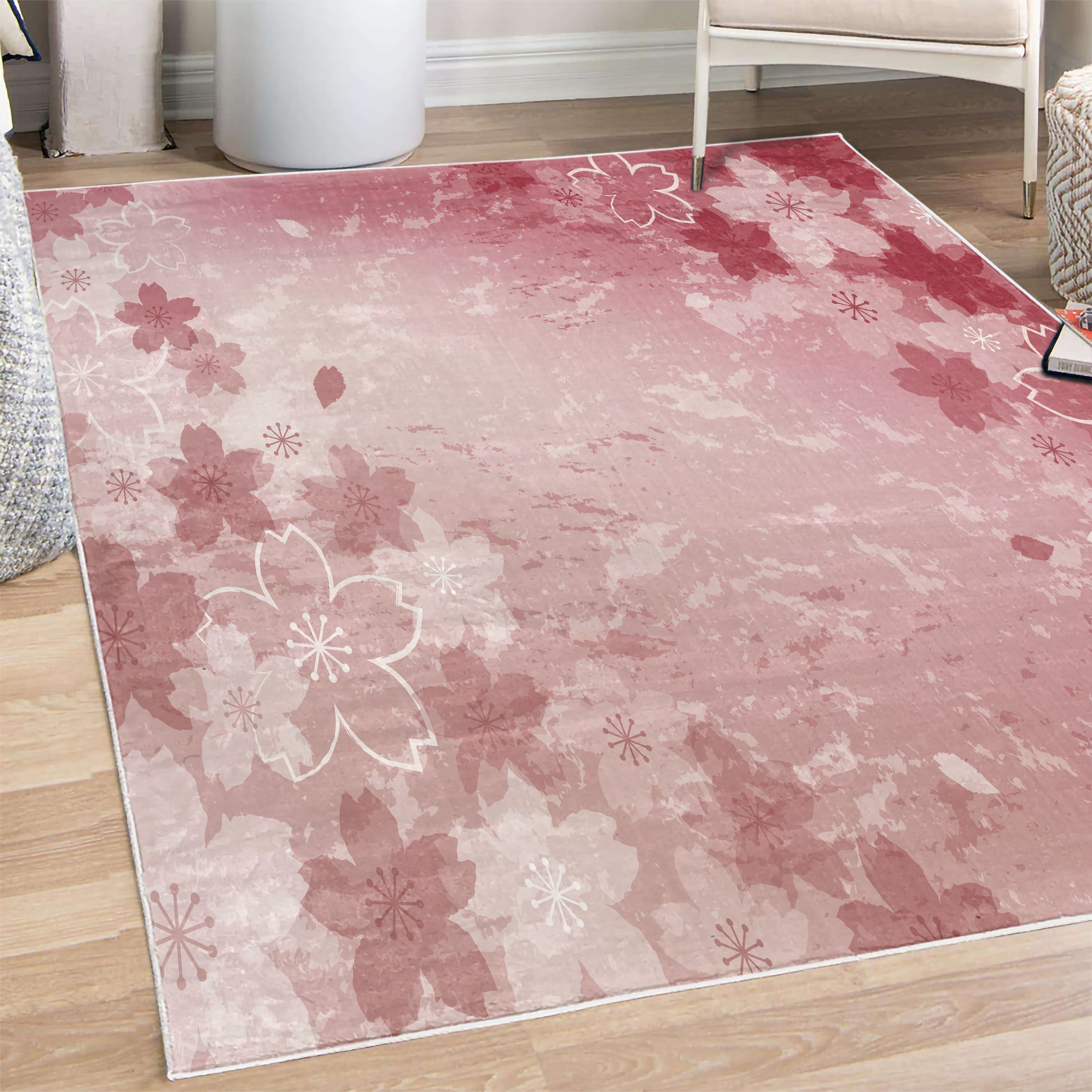 Nature Decorative Rug, Cherry Blossoms Pattern in Shabby Form Style ...